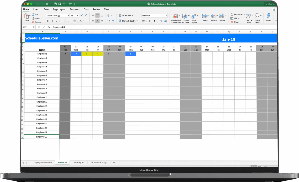 2025 Annual Leave Calendar Excel | Printable Calendar 2025
