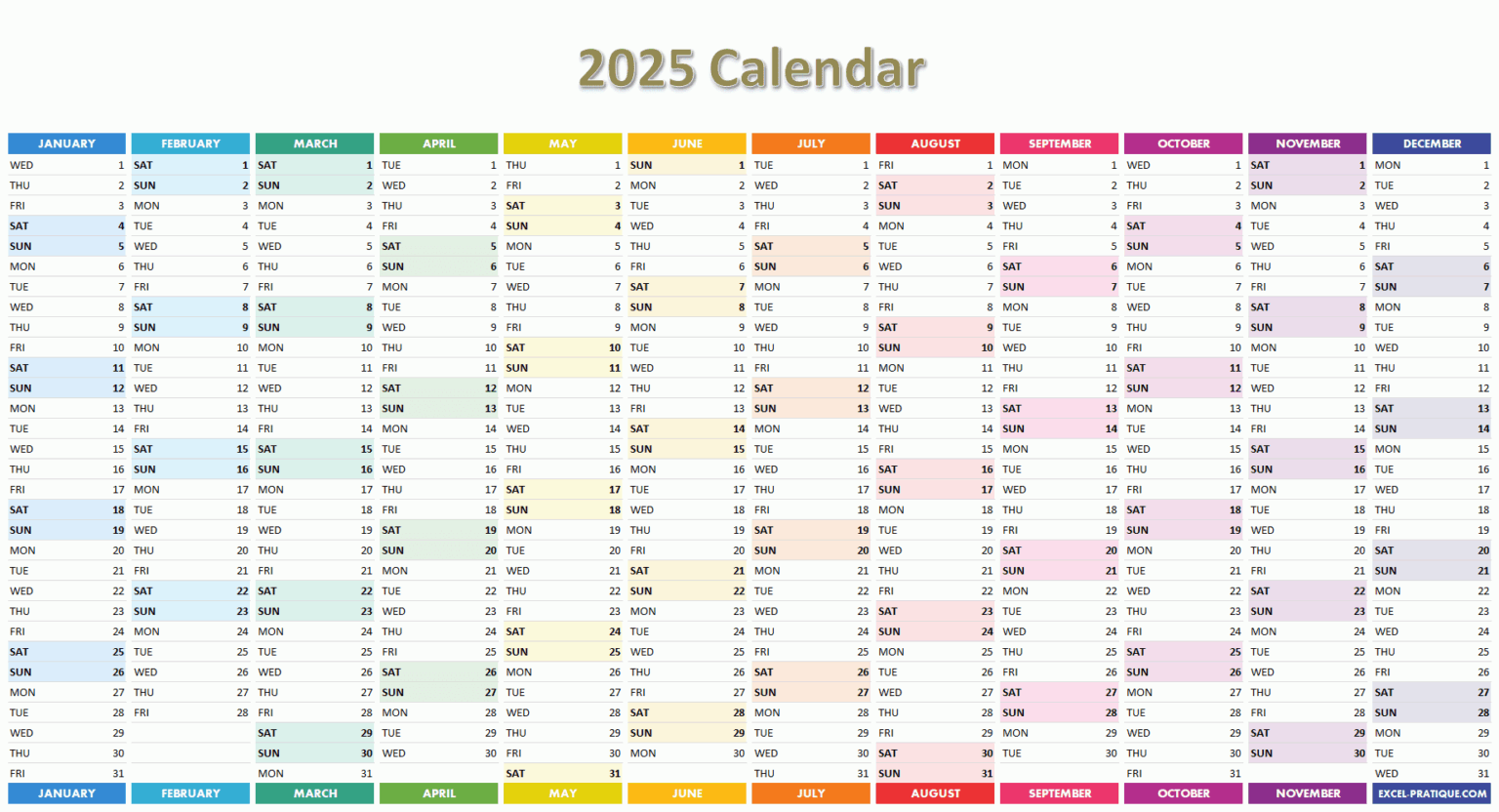 2025 Yearly Calendar Printable Excel | Printable Calendar 2025