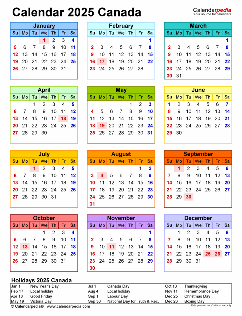 2025 Calendar Printable Canada With Holidays